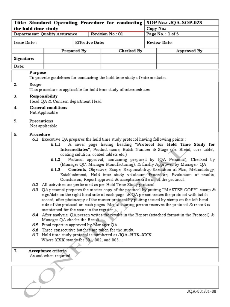 Hold Time Study 1 Doc | Quality Assurance | Evaluation Methods