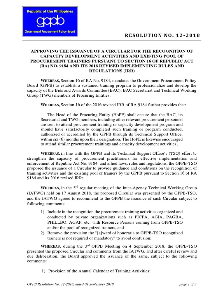 GPPB Resolution No. 12-2018 - Procurement Trainings or Capacity Development | PDF | Educational ...