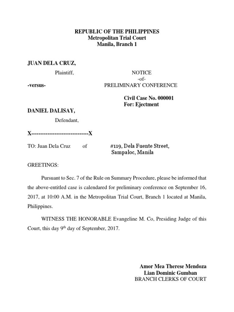 Preliminary Conference Notice for Ejectment | PDF