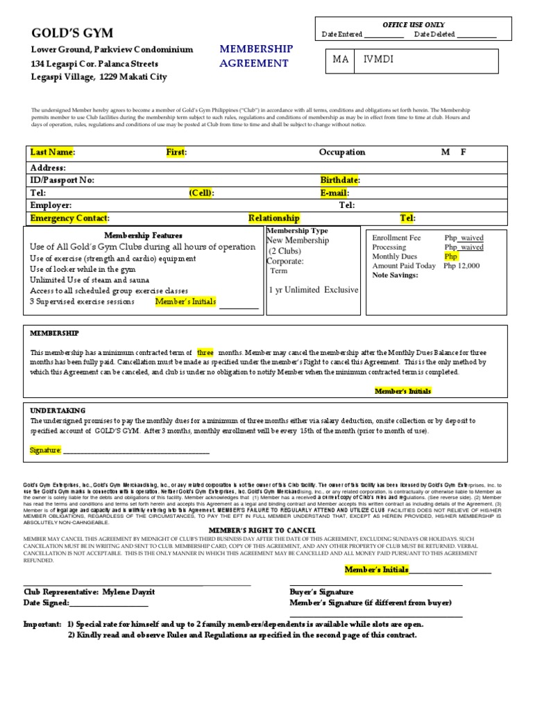 Gold'S Gym: Membership Agreement | PDF | Contractual Term | Government