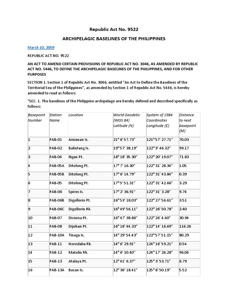 RA 9522 Archipelagic Baselines of The Phils | PDF | Government ...