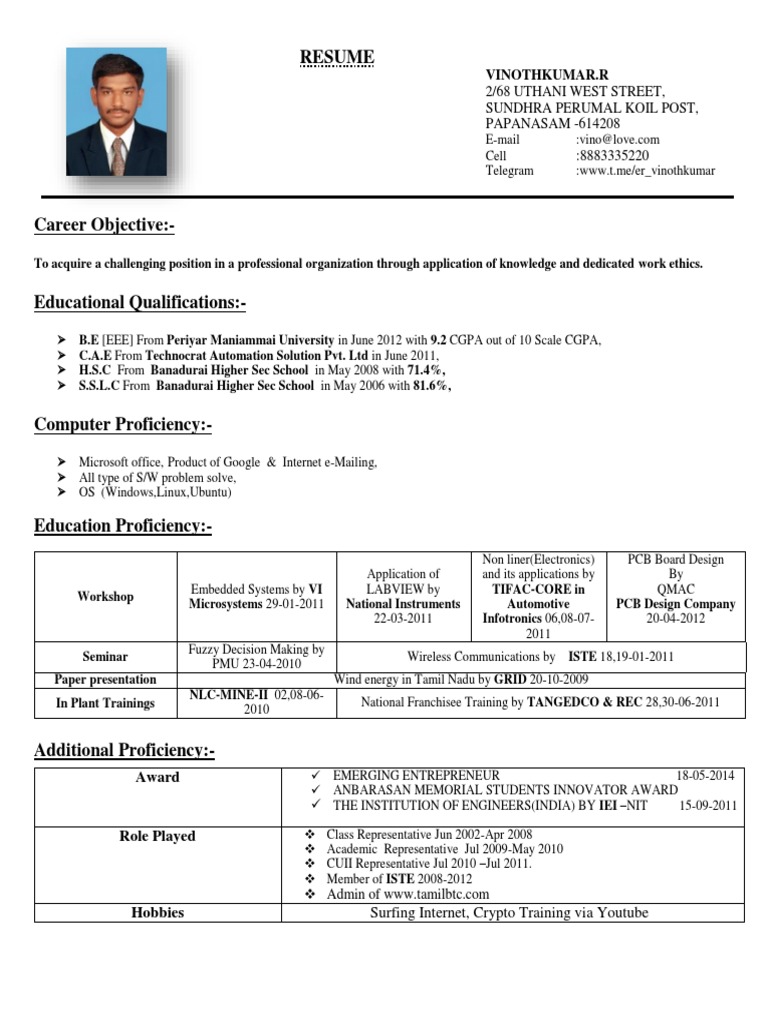 Vinoth Resume | PDF | Power Station | Solar Power