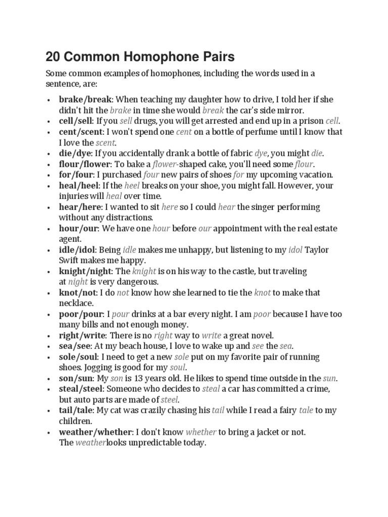 20 Common Homophone Pairs Explained | PDF | Preposition And ...
