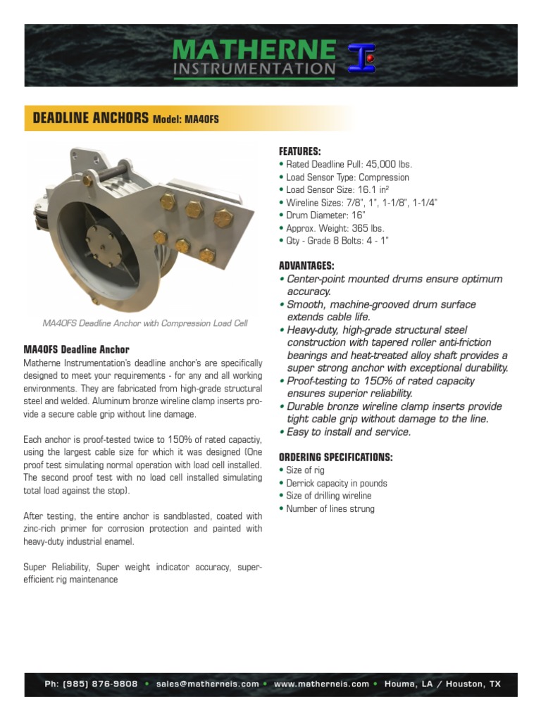 MA40FS Deadline Anchor Specifications | PDF | Anchor | Materials