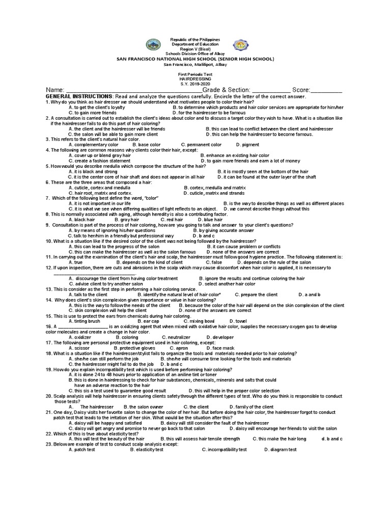 SFHS Hairdressing Periodic Test Questions | PDF | Hairdresser ...
