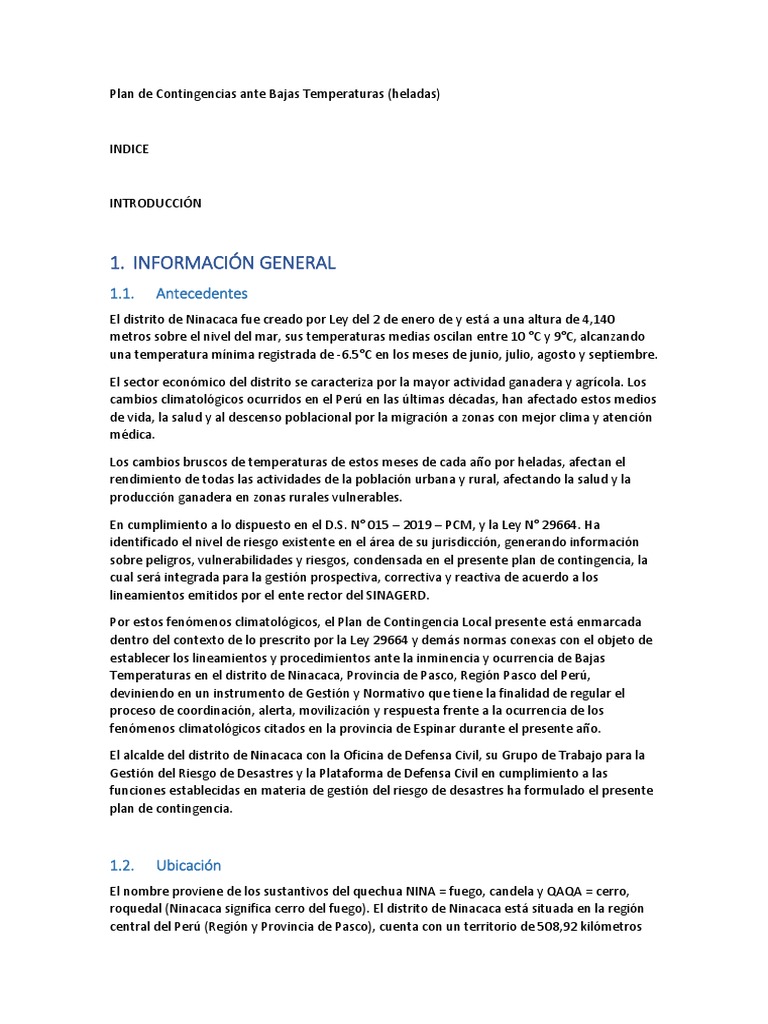 Plan de Contingencias Ante Bajas Temperaturas 2019 - 001111111 | PDF | Alcalde | Perú
