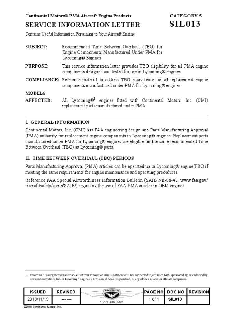 Service Information Letter: Category 5 Continental Motors® PMA Aircraft ...