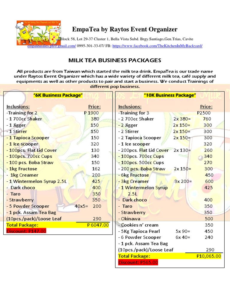 Empatea by Raytos Event Organizer: Milk Tea Business Packages | PDF | Hot Drinks | Tea