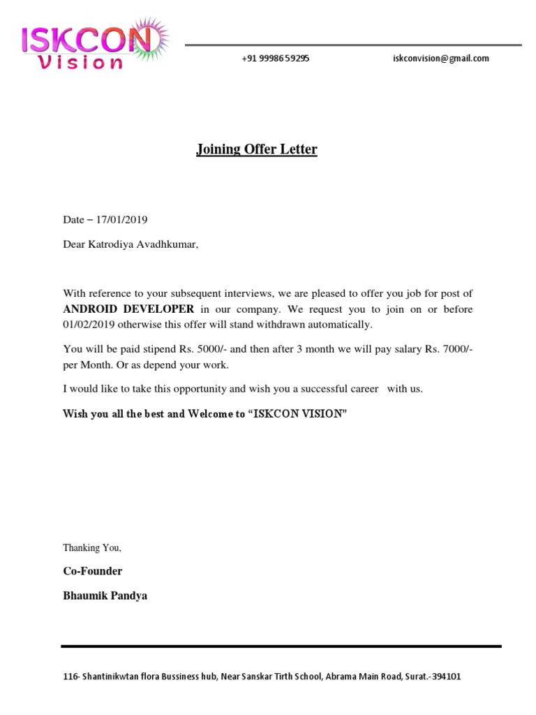 Joining Offer Letter: ANDROID DEVELOPER in Our Company. We Request You ...