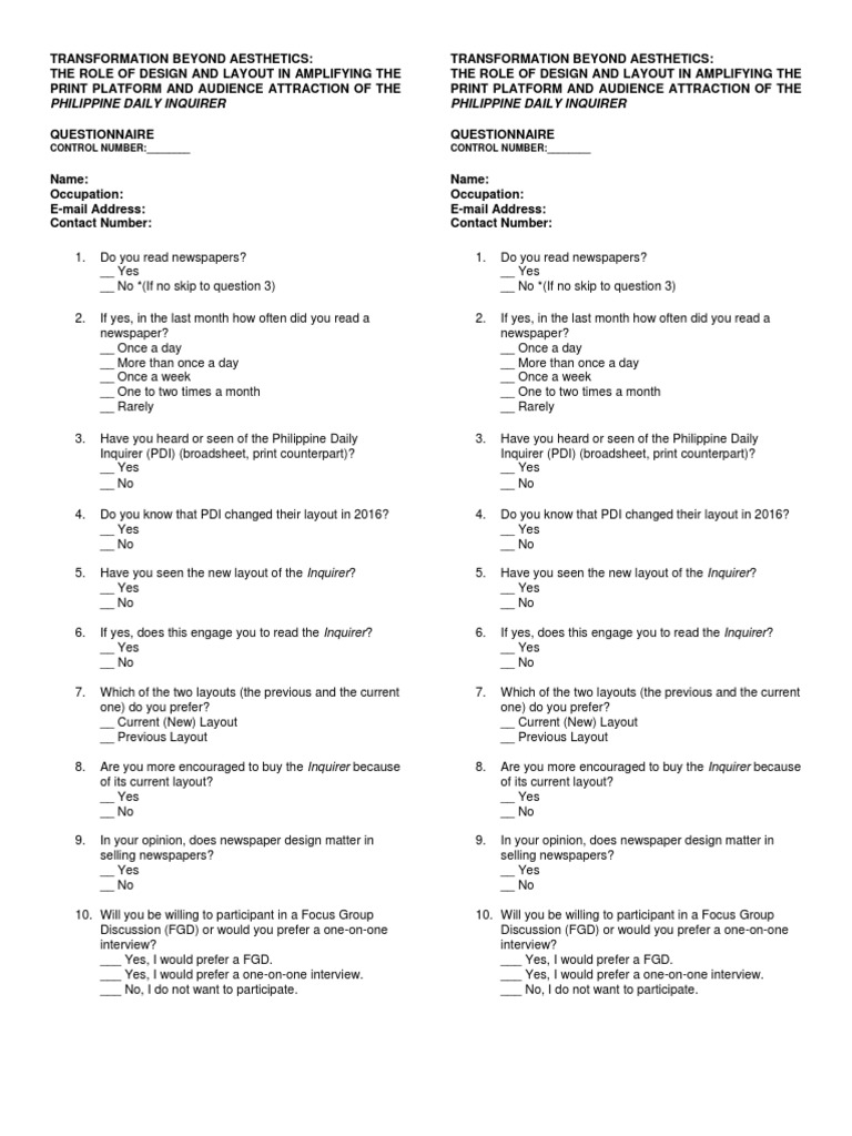Transformation Beyond Aesthetics (Questionnaire) | PDF | Page Layout ...