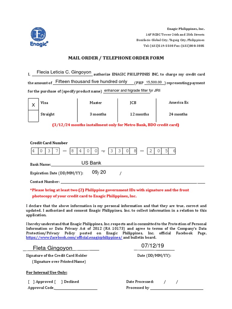 Enagic Philippines Credit Card Order Form | PDF | Credit Card ...