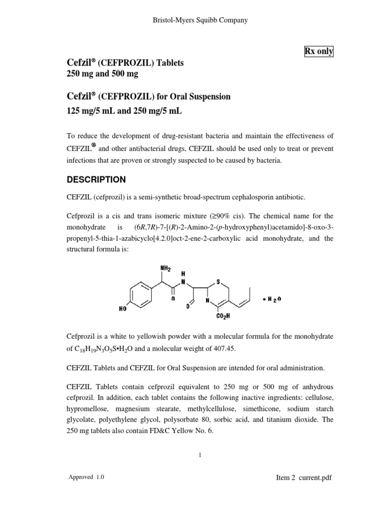 Cefzil: RX Only (CEFPROZIL) Tablets 250 MG and 500 MG (CEFPROZIL) For ...