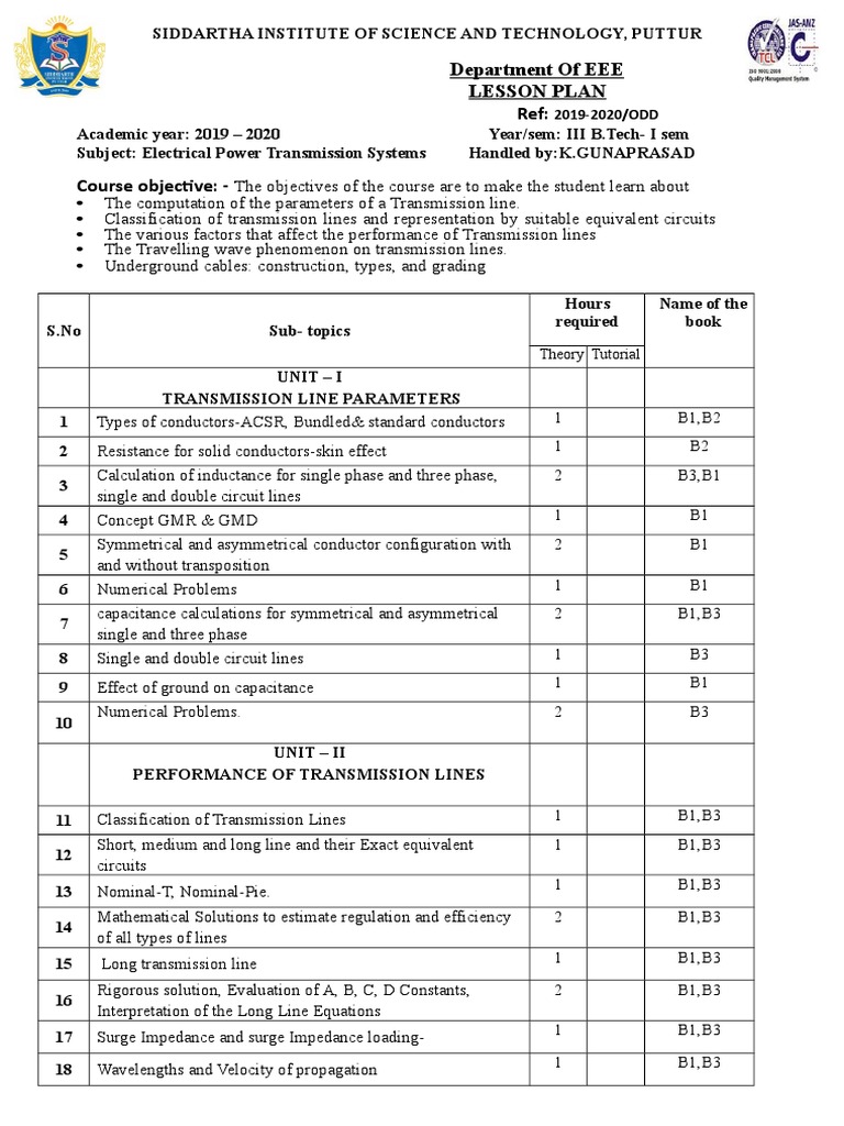Department of EEE Lesson Plan Ref:: Theory Tutorial | PDF ...