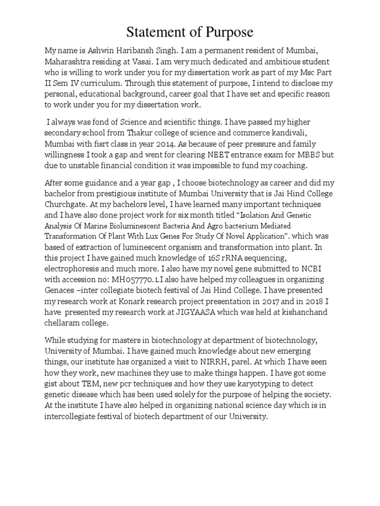 Statement of Purpose | PDF | Biotechnology | Life Sciences