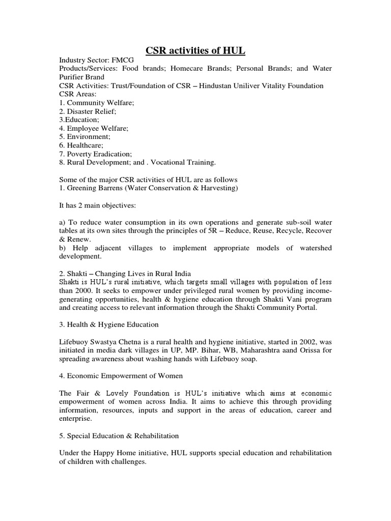 CSR Activities of HUL | Download Free PDF | Corporate Social ...
