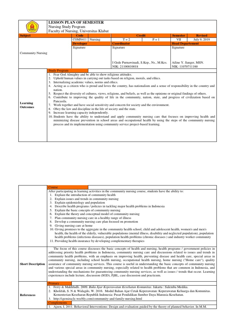 Lesson Plan of Semester: Nursing Study Program Faculty of Nursing ...