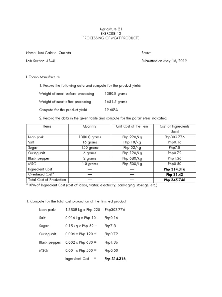 (AGRI 21 LAB) EXER 12 Processing of Meat Products | PDF | Hot Dog | Sausage