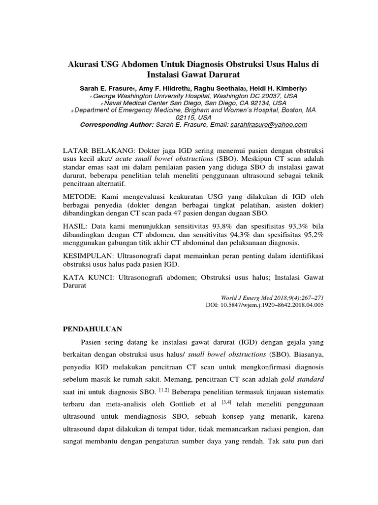 Akurasi USG Abdomen Untuk Diagnosis Obstruksi Usus Halus Di Instalasi Gawat Darurat | PDF