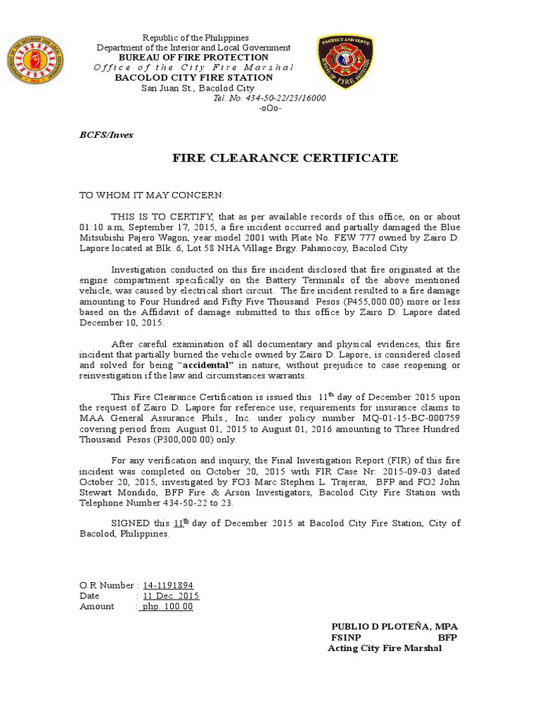 Fire Clearance Certificate: BCFS/Inves | Download Free PDF | Violence
