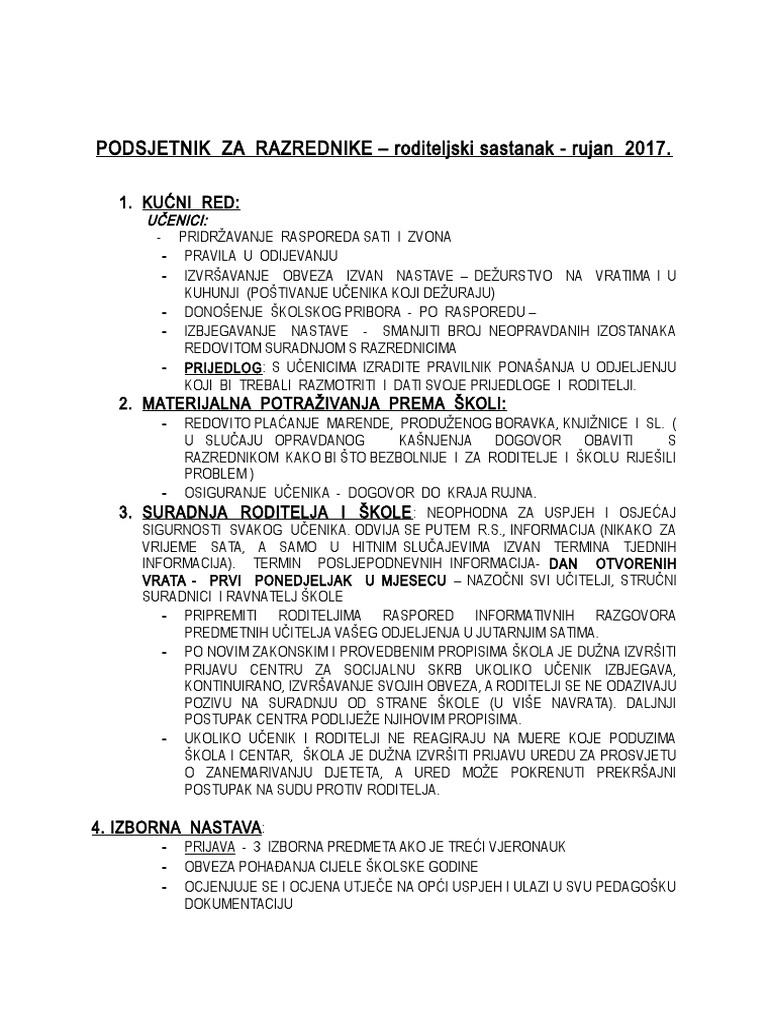 Podsjetnik Za Razrednike - 1.Rs | PDF