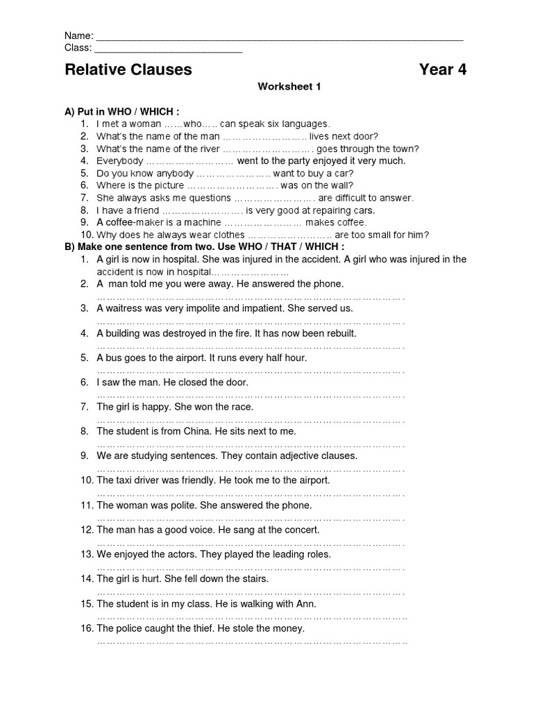Relative Clauses Worksheet (Simple) | PDF