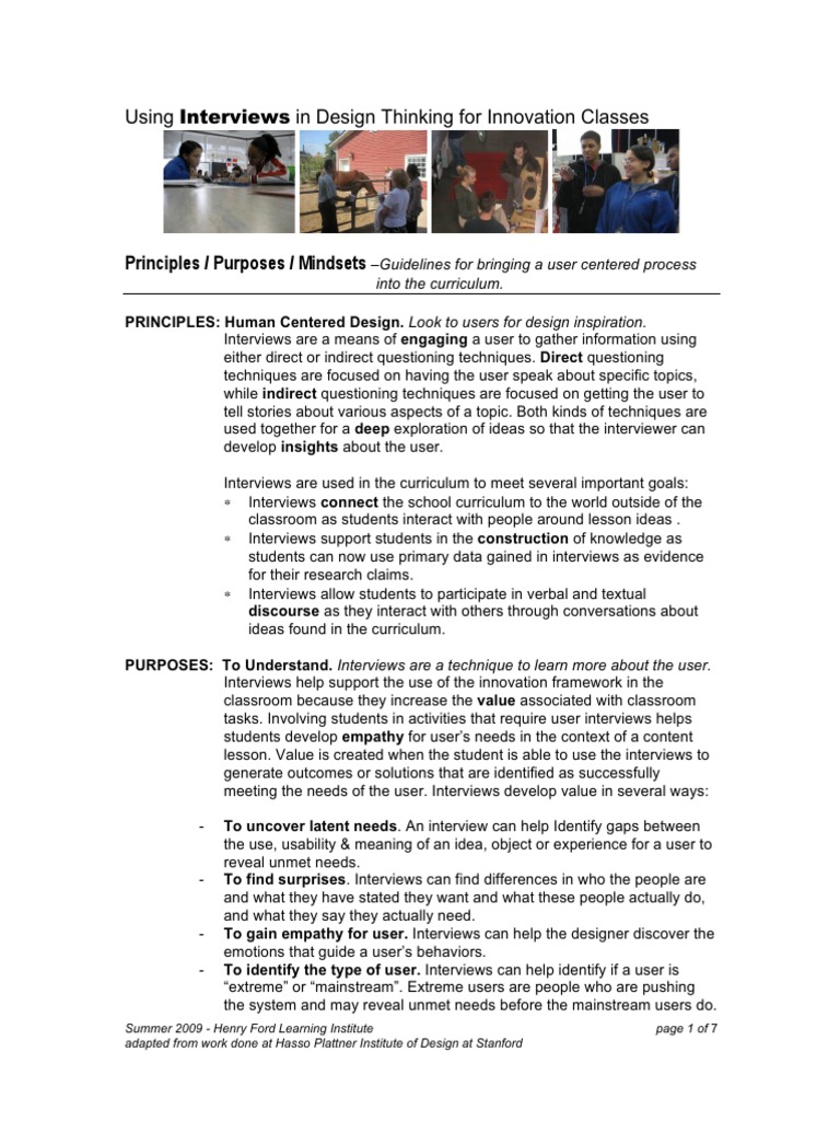 Design Thinking Interviews for Innovation Classes | PDF | Question ...