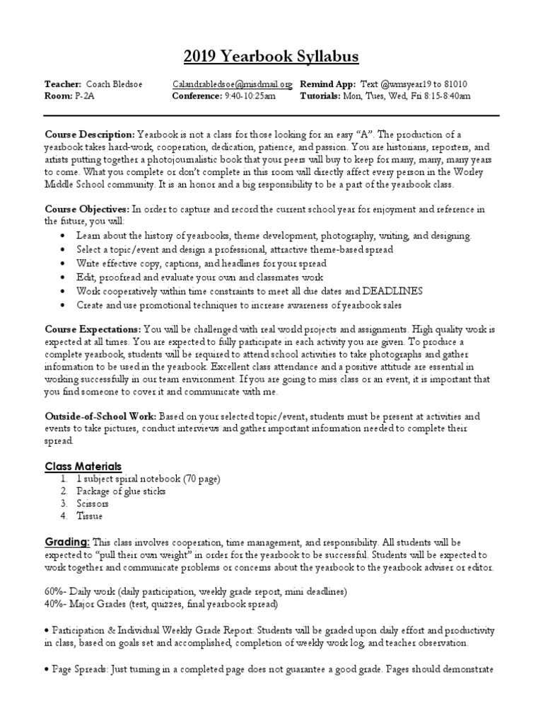 2019 Yearbook Syllabus | PDF | Quiz | Test (Assessment)