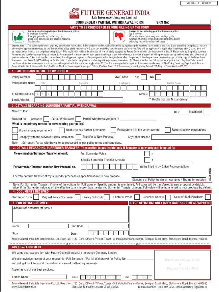 Surrender / Partial Withdrawal Form SRN No:: Surname First Name Middle Name Title | PDF | Life ...
