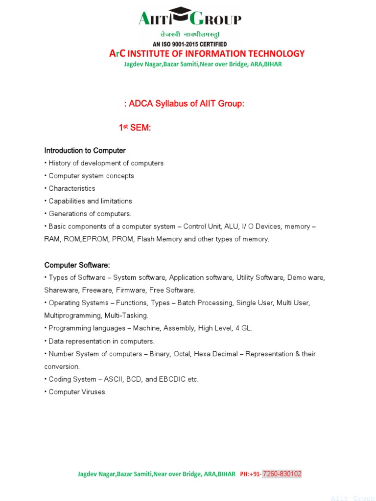 Institute of Information Technology:: ADCA Syllabus of AIIT Group: 1 ...