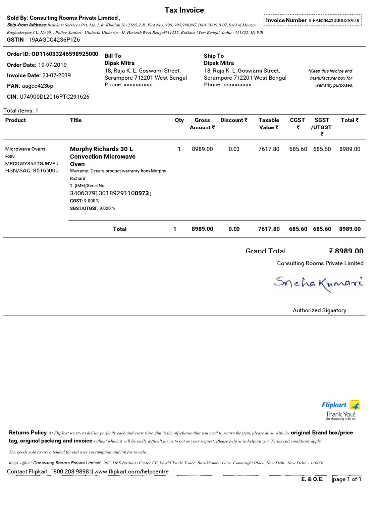 Tax Invoice for Morphy Richards Microwave | PDF | Taxes | Economies