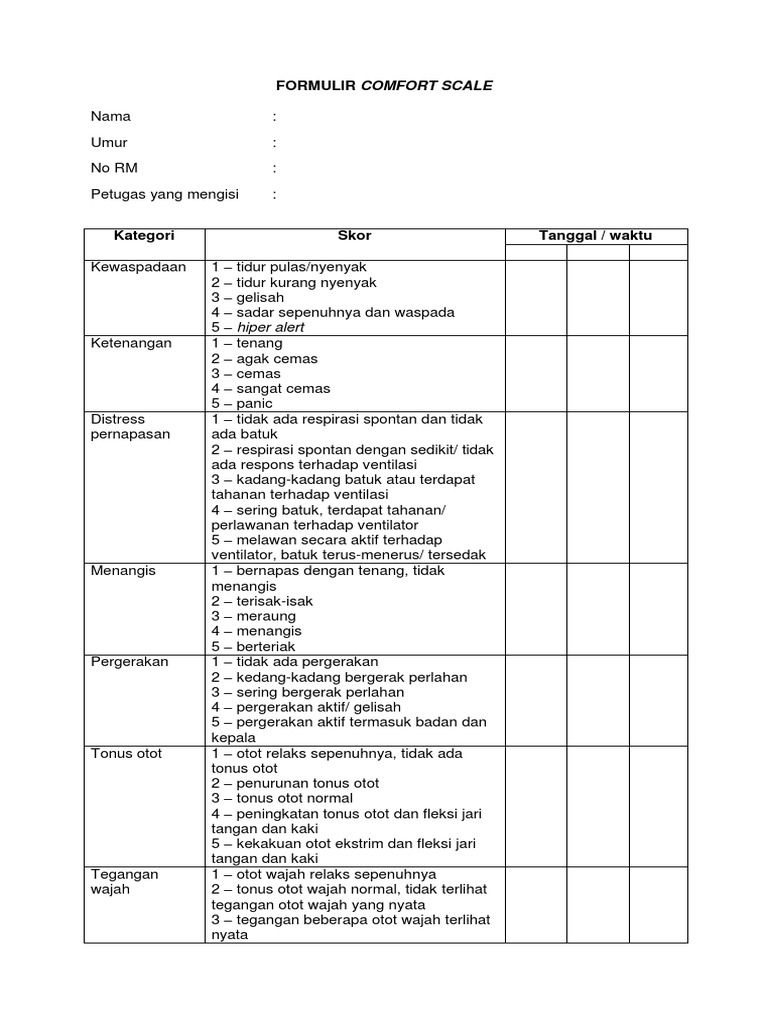 Formulir Asesmen Nyeri-Comfort Scale | PDF