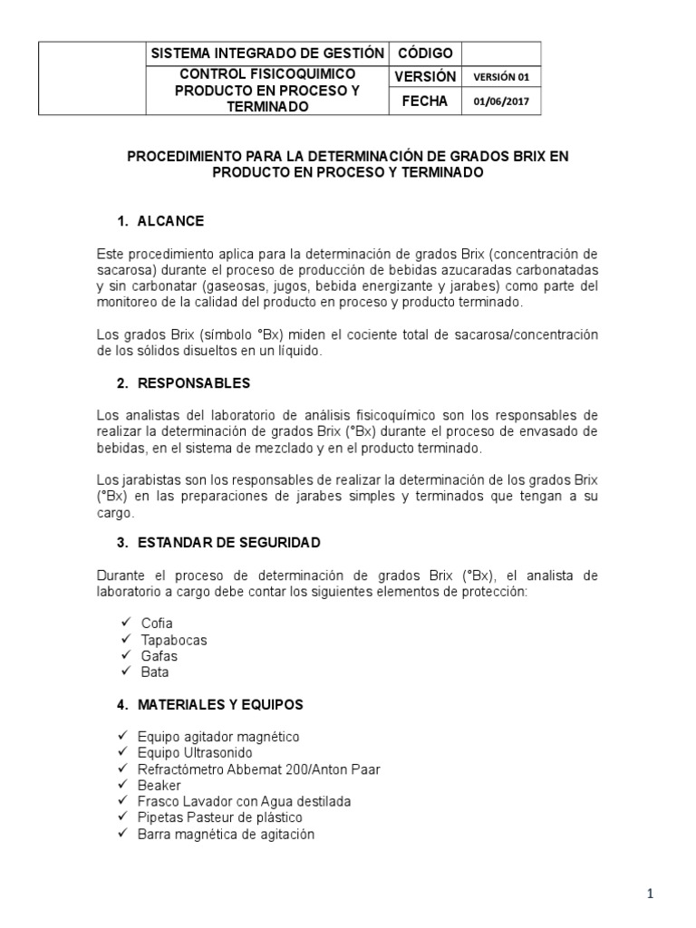 Procediemiento para La Determinacion de Grados Brix en Producto | PDF ...