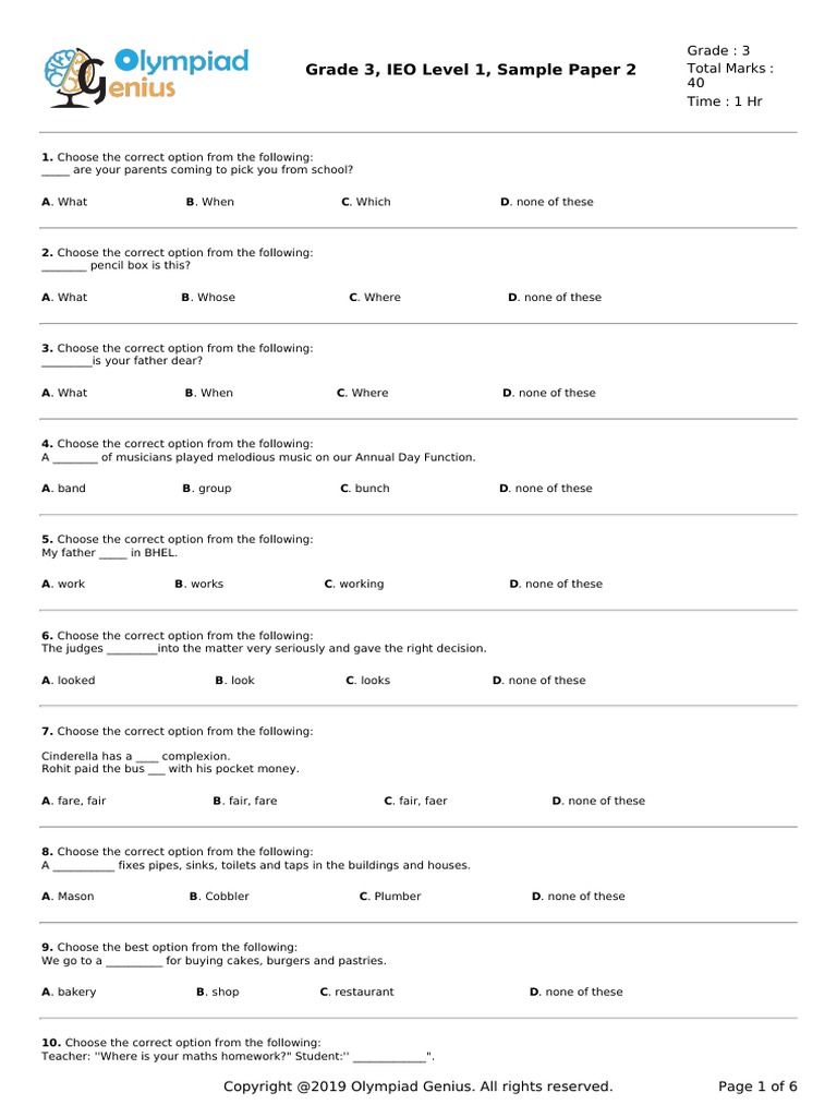 Grade 3, IEO Level 1, Sample Paper 2: Grade: 3 Total Marks: 40 Time: 1 ...