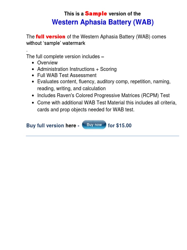 Western Aphasia Battery Sample Test Guide | PDF | Aphasia | Speech