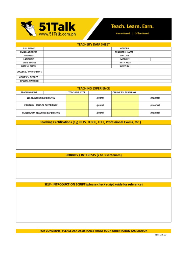 Teacher's Data Sheet | PDF