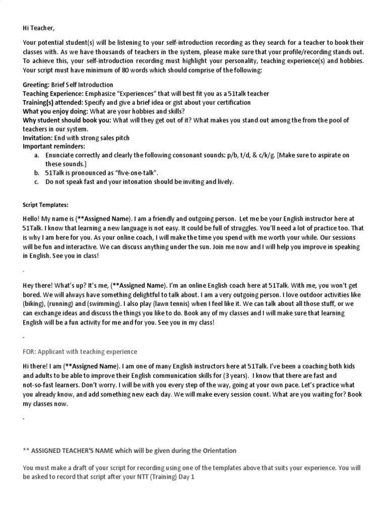 51talk Script Template | PDF | Pedagogy | Learning