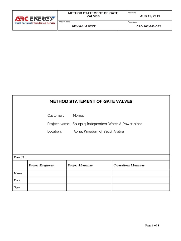 Method Statement of Gate Valves | PDF | Valve | Actuator