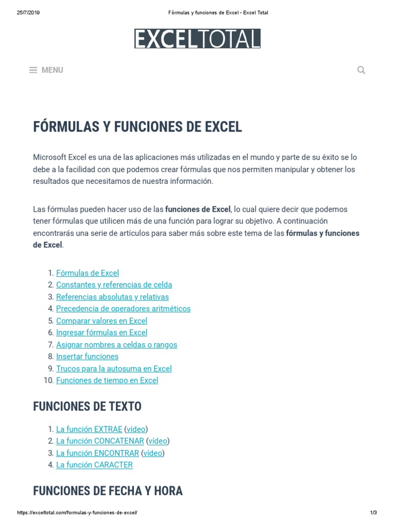 Fórmulas y Funciones de Excel - Excel Total | PDF | Microsoft Excel ...