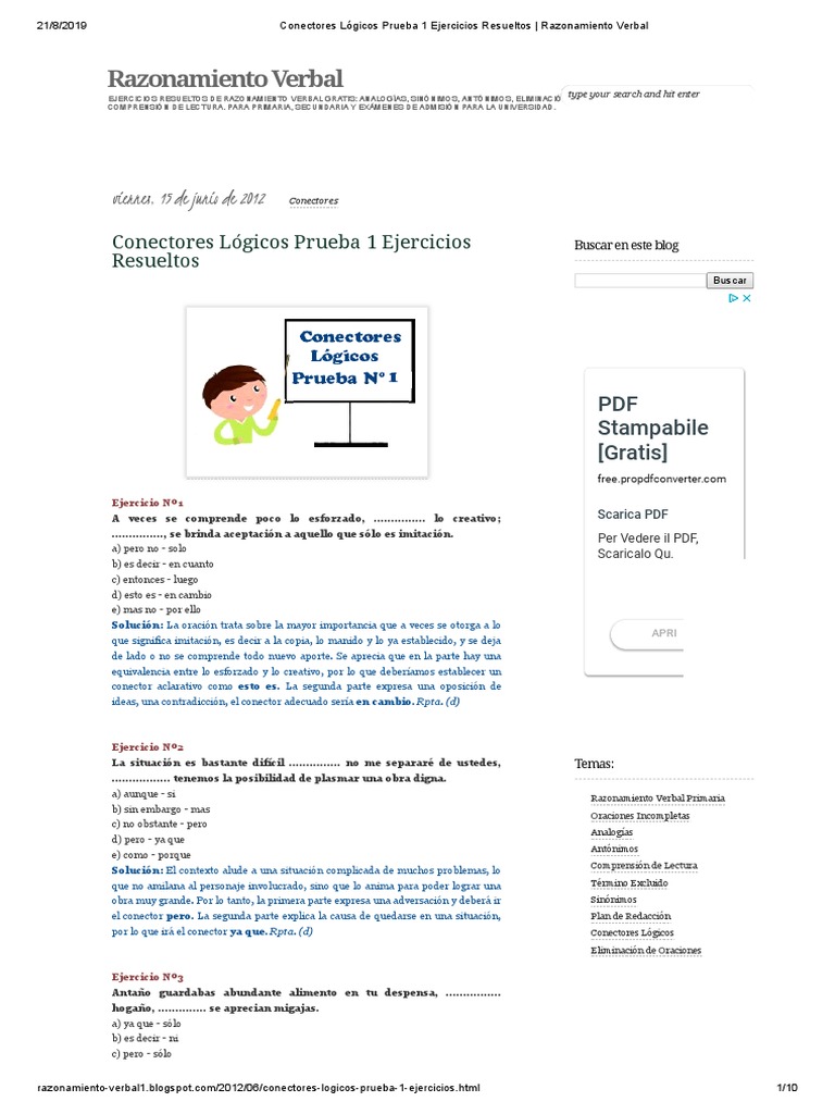 Conectores Lógicos Prueba 1 Ejercicios Resueltos - Razonamiento Verbal | PDF | Comprensión ...