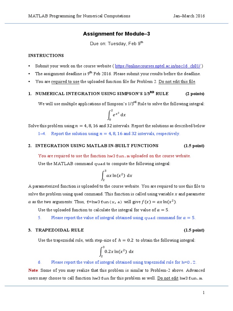 MATLAB Numerical Computations Assignment | PDF | Integral | Function (Mathematics)