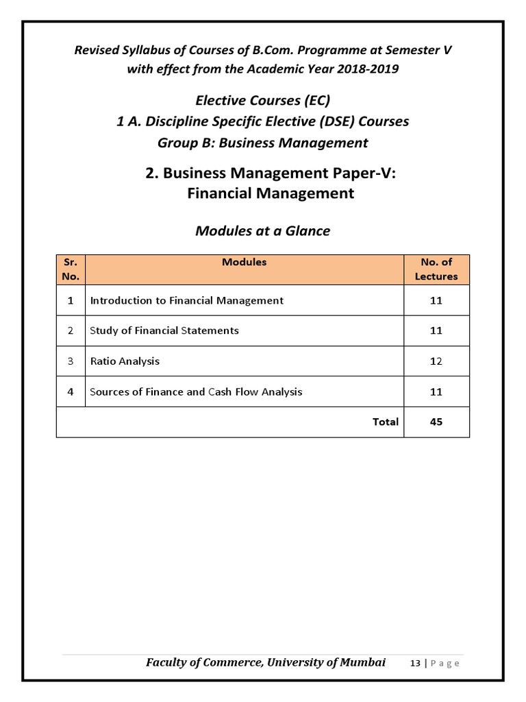 BCom Financial Management Elective Syllabus | PDF | Cash Flow Statement ...