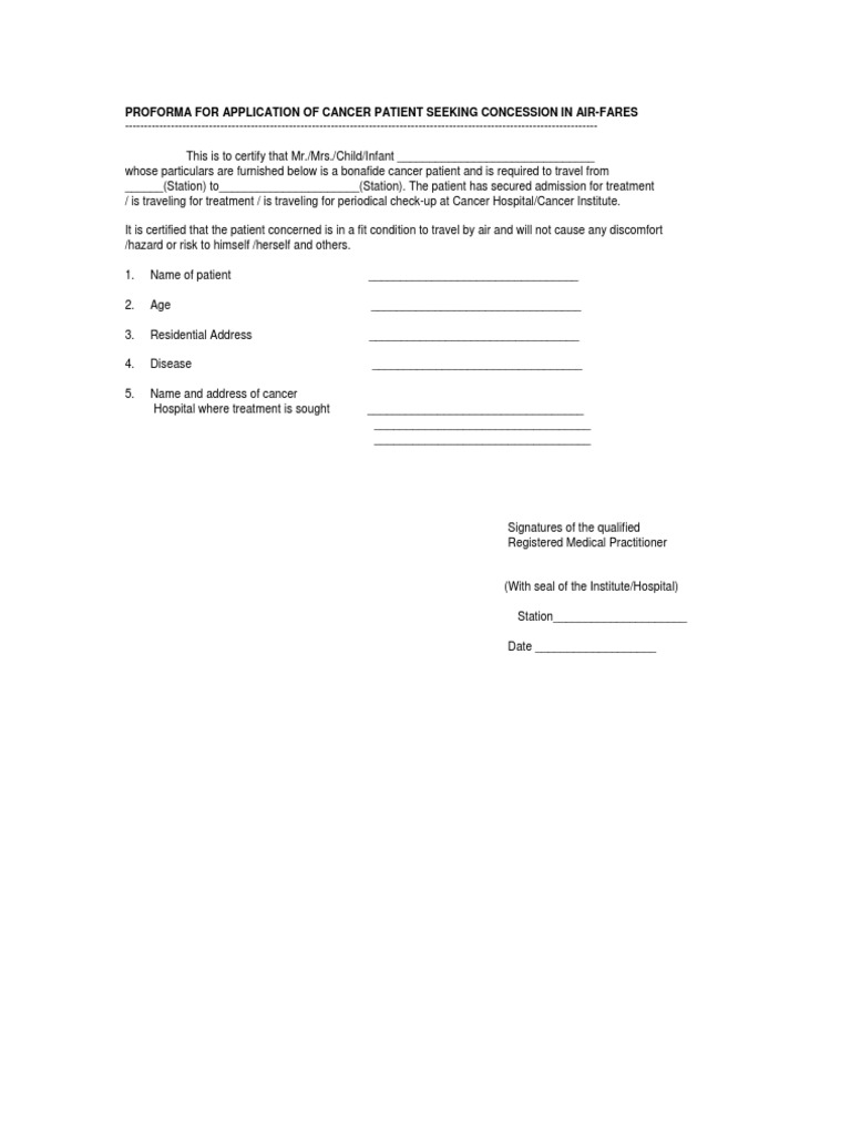 Proforma For Application of Cancer Patient Seeking Concession in Air ...