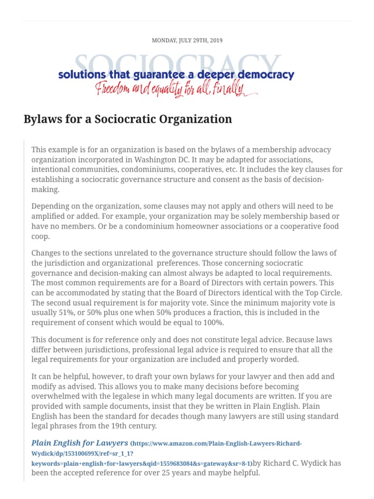 Guiding Organizations with Sociocratic Principles: An Example of Bylaws ...