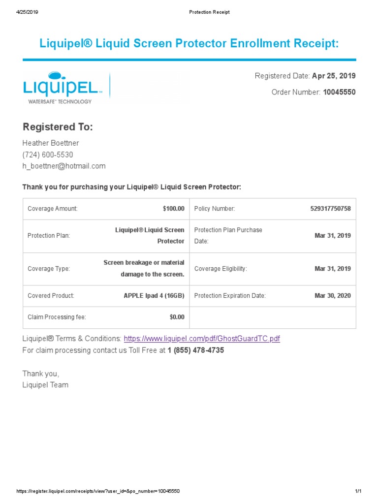 Liquipel® Liquid Screen Protector Enrollment Receipt:: Registered To | PDF