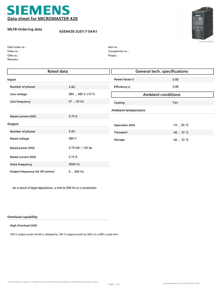 Data Sheet For MICROMASTER 420: Rated Data General Tech. Specifications ...