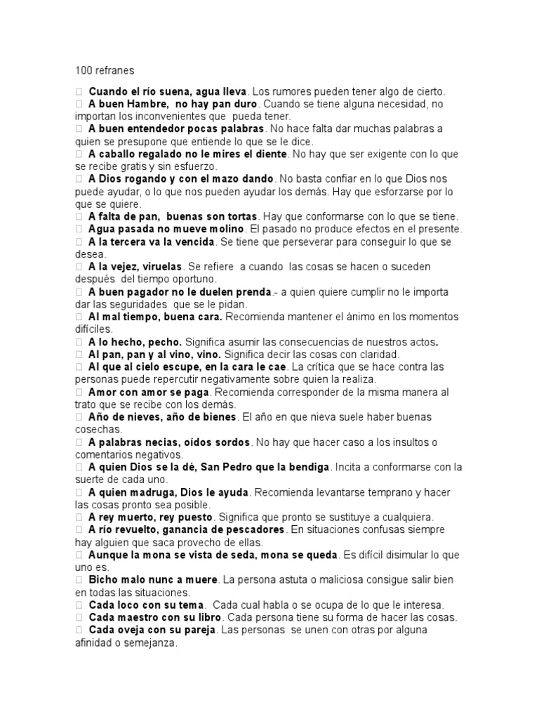 100 Refranes | PDF | Oración (Lingüística) | Mecánica del lenguaje