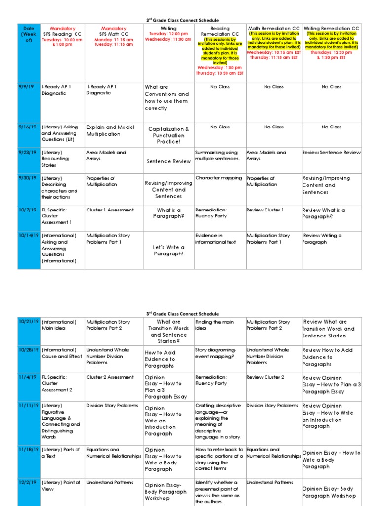 3rd Grade Class Connect Schedule | PDF | Paragraph | Essays