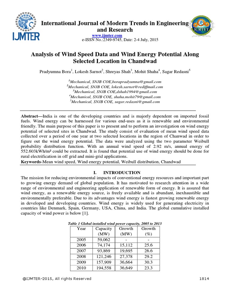 Analysis of Wind Speed Data and Wind Energy Potential Along Selected ...