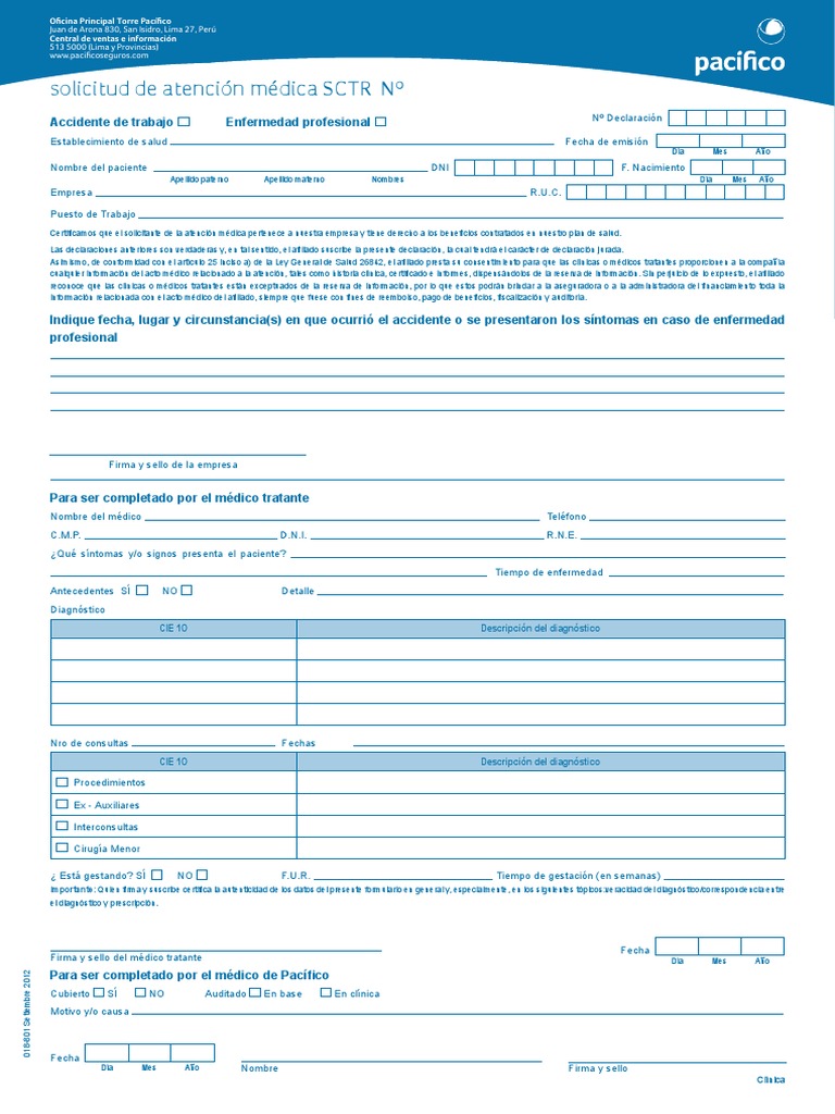 801 SOLICITUD ATENCION MEDICA SCTR Pacifico | PDF | Diagnostico medico | Historial médico
