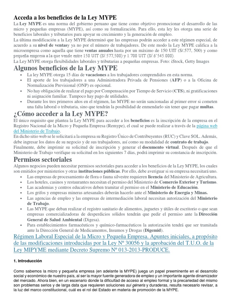 Acceda A Los Beneficios de La Ley MYPE | PDF | Pequeñas y medianas empresas | Derecho laboral